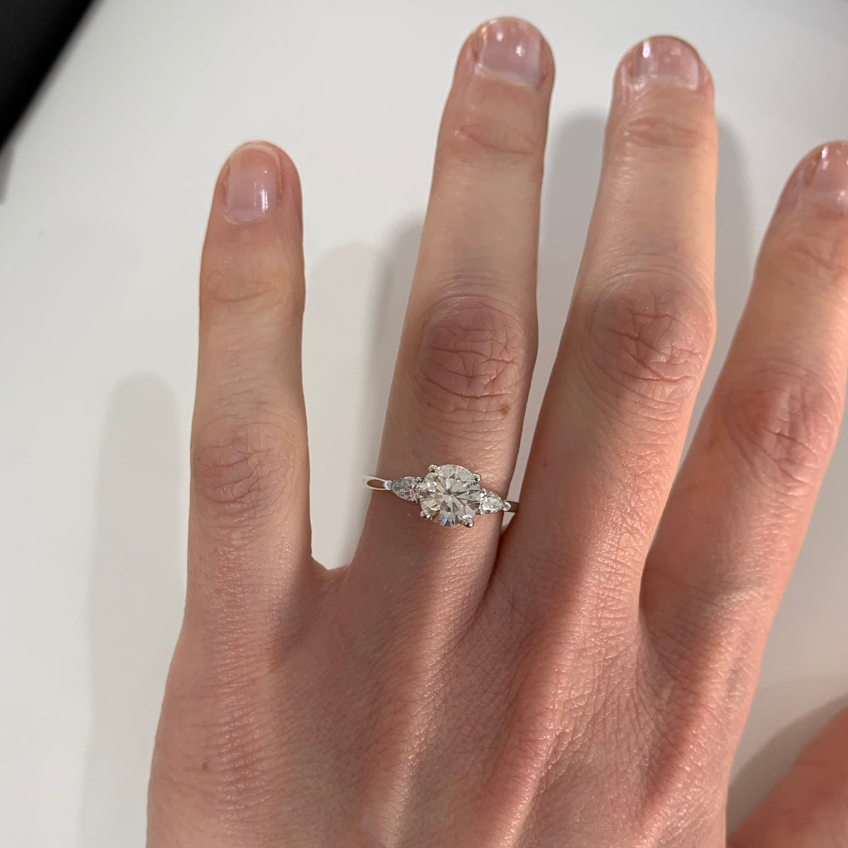 18ct White Gold Round Brilliant and Pear Cut Trilogy Engagement Ring ...